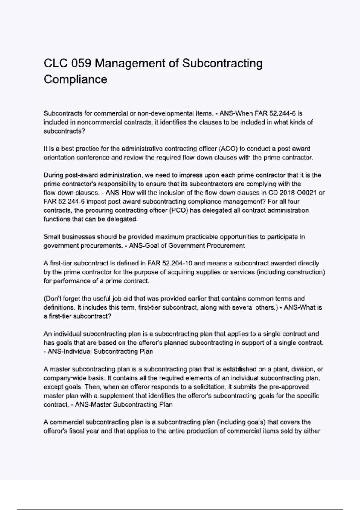 CLC 059 Management of Subcontracting Compliance Questions and Answers ...