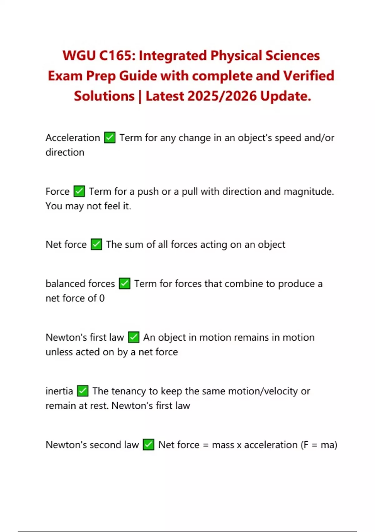 WGU C165: Integrated Physical Sciences Exam Prep Guide with complete and Verified Solutions ...