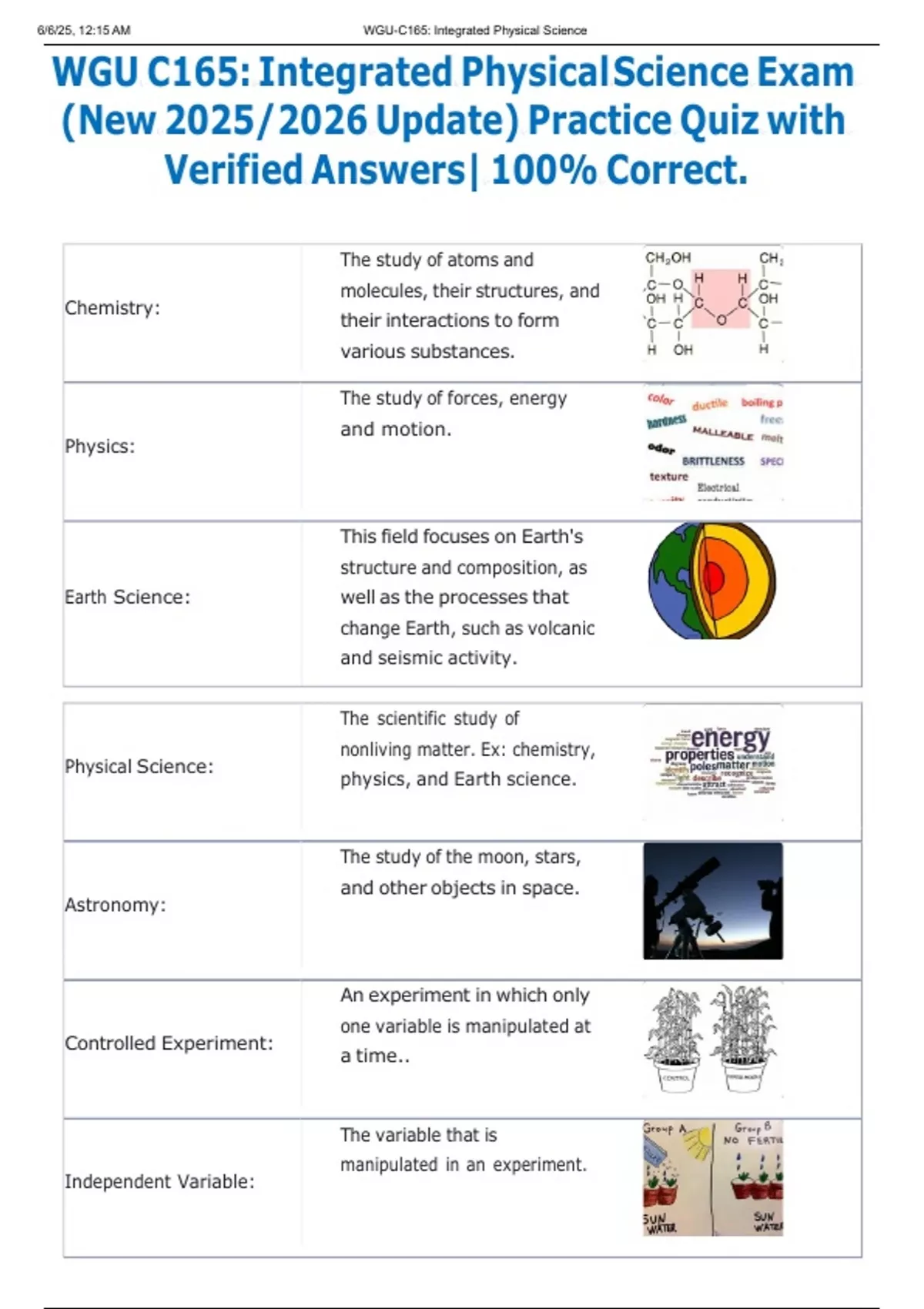 WGU C165: Integrated Physical Science Exam (New 2025/2026 Update ...