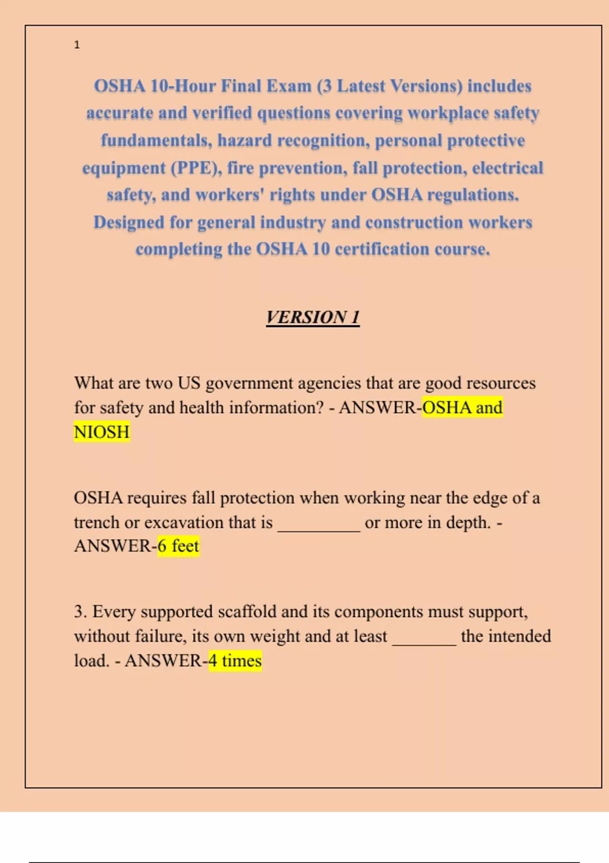 OSHA 10-Hour Final Exam (3 Latest Versions) includes accurate and ...