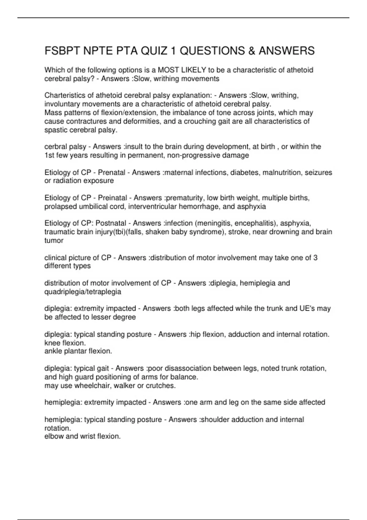 FSBPT NPTE PTA QUIZ 1 QUESTIONS & ANSWERS - FSBPT NPTE PTA - Stuvia US