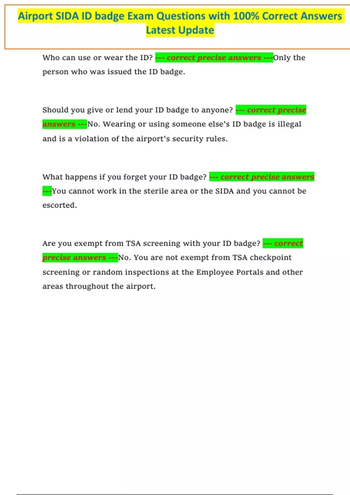 Airport SIDA ID badge Exam Questions with 100% Correct Answers Latest ...
