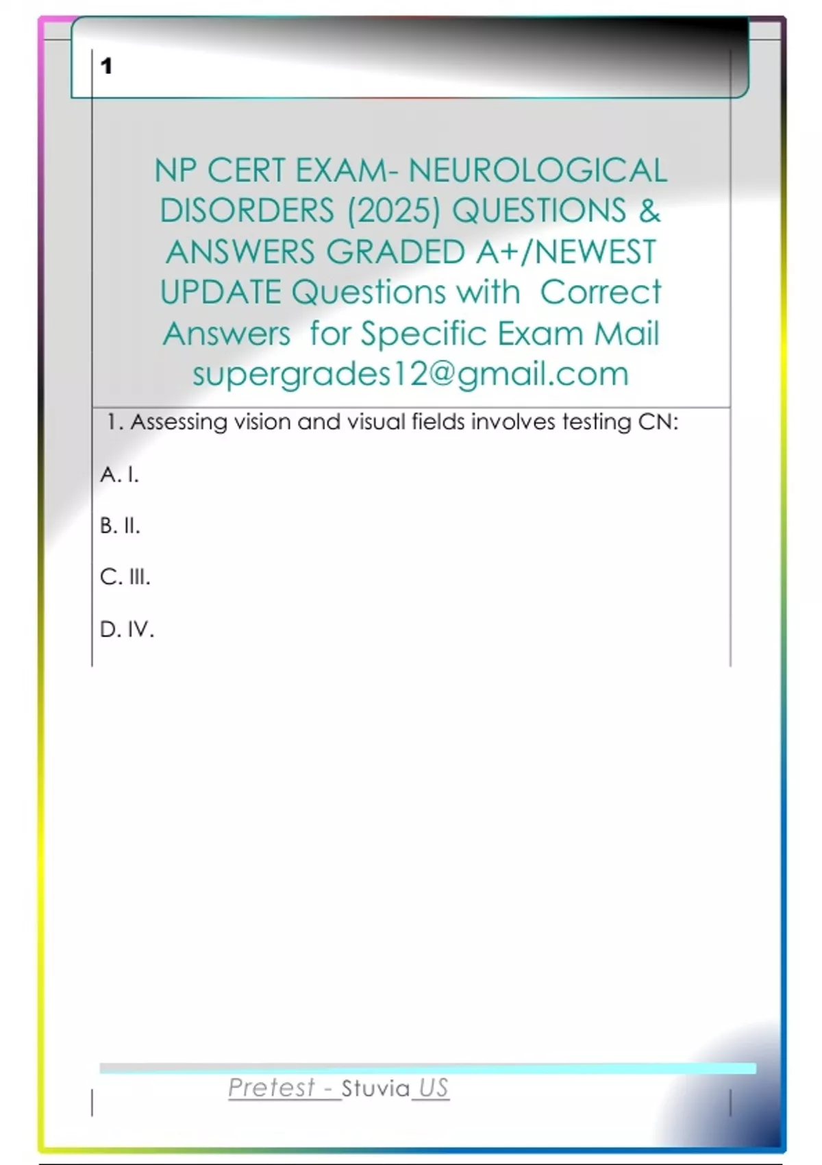 NP CERT EXAM- NEUROLOGICAL DISORDERS (2025) QUESTIONS & ANSWERS GRADED ...