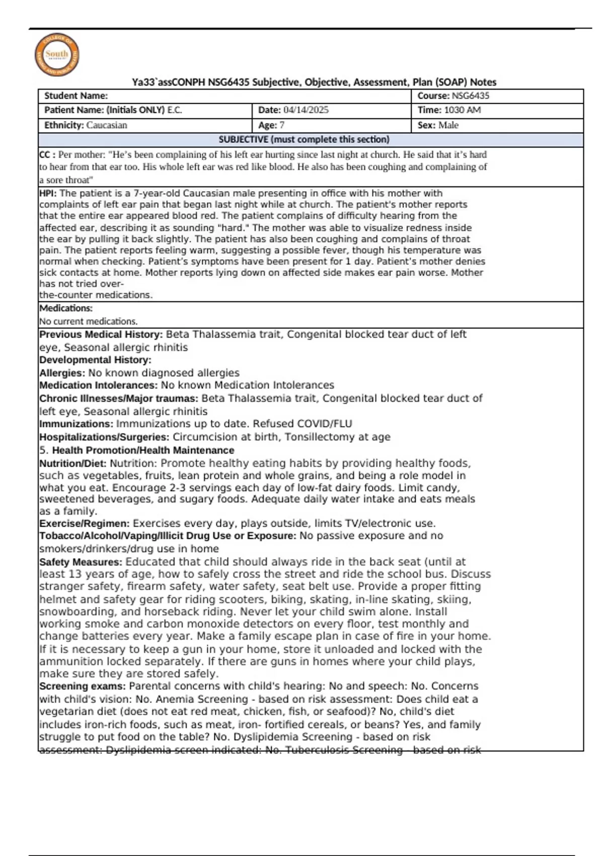 NSG6435 Week 4 SOAP NOTE | NSG6435 Subjective, Objective, Assessment ...