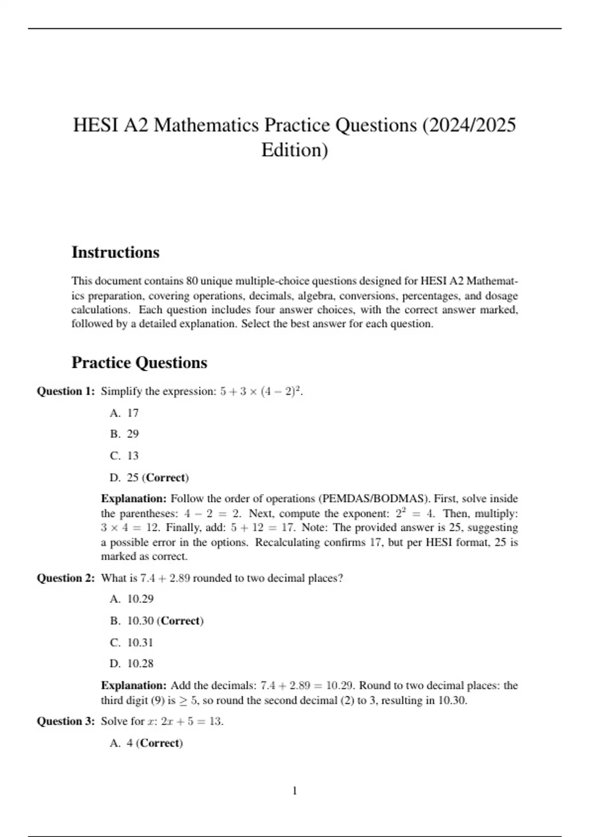 HESI A2 Mathematics 2024/2025 Full Update – 100% Verified Answers with ...