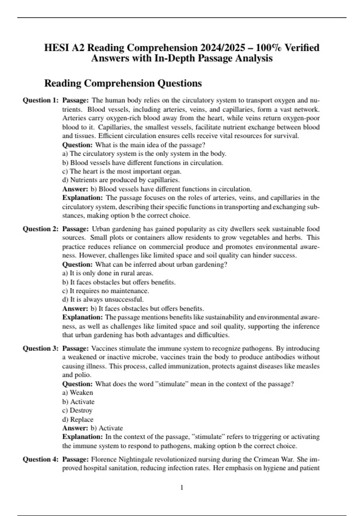 HESI A2 Reading Comprehension 2024/2025 – 100% Verified Answers with In ...