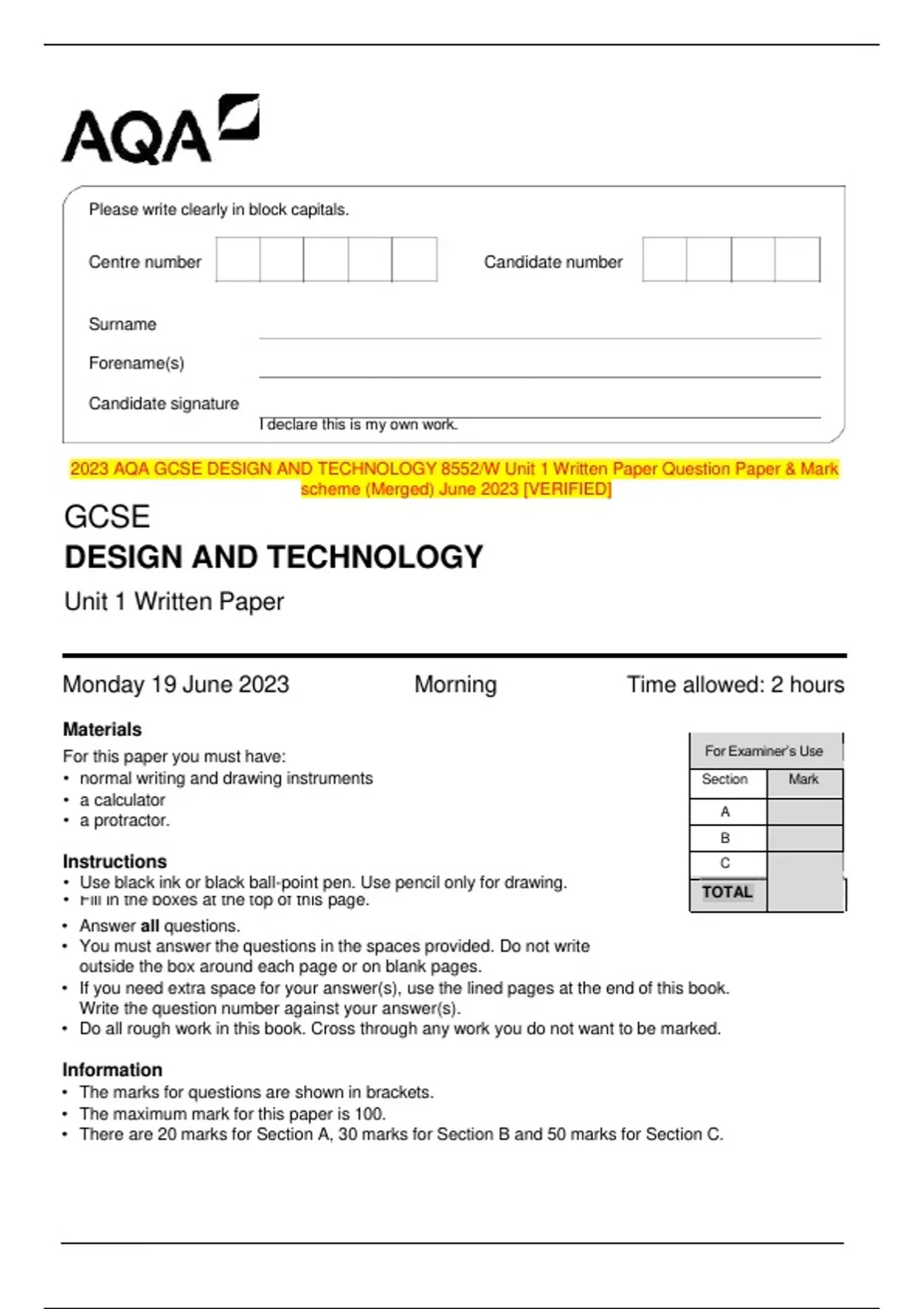 2023 AQA GCSE DESIGN AND TECHNOLOGY 8552/W Unit 1 Written Paper ...