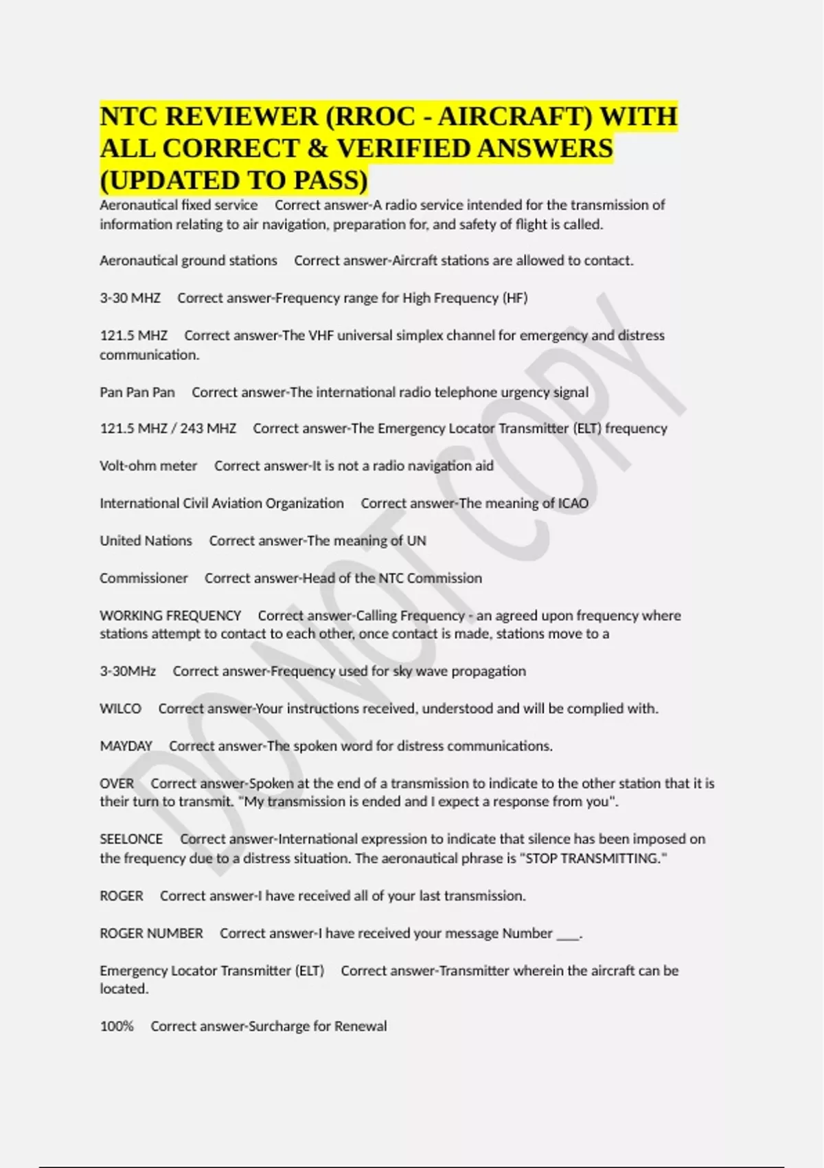 NTC REVIEWER (RROC - AIRCRAFT) WITH ALL CORRECT & VERIFIED ANSWERS ...