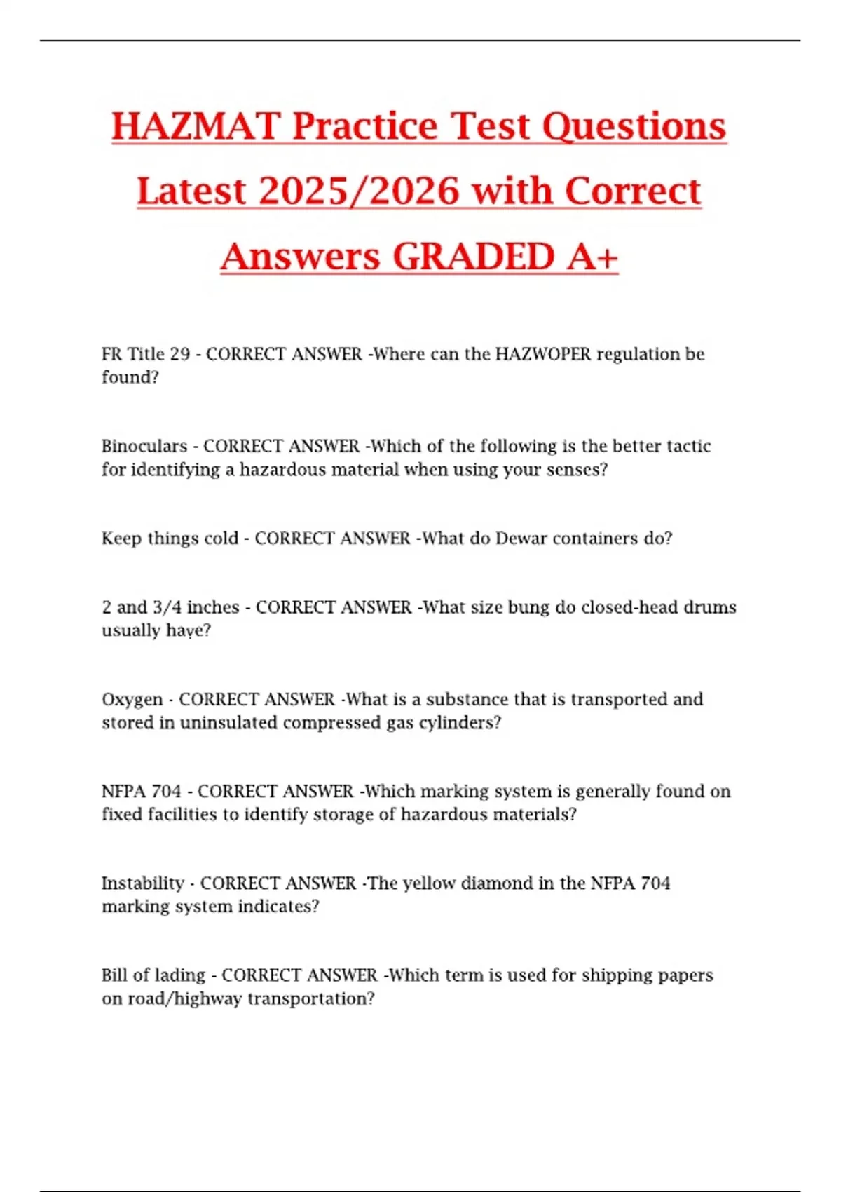 HAZMAT Practice Test Questions Latest 2025/2026 with Correct Answers ...