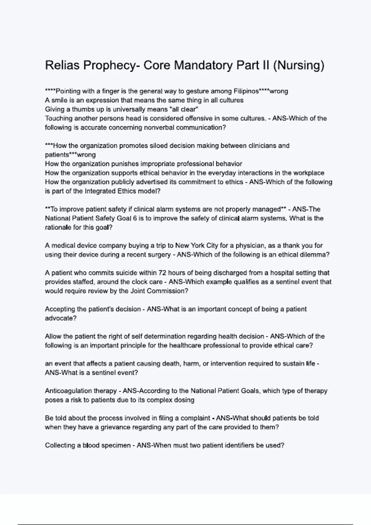 Relias Prophecy- Core Mandatory Part II (Nursing) questions and answers ...