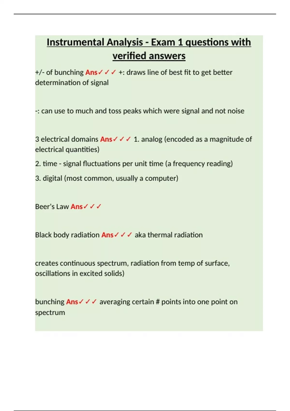 Instrumental Analysis – Exam 1 Questions with Verified Answers – Core Concepts and Principles ...