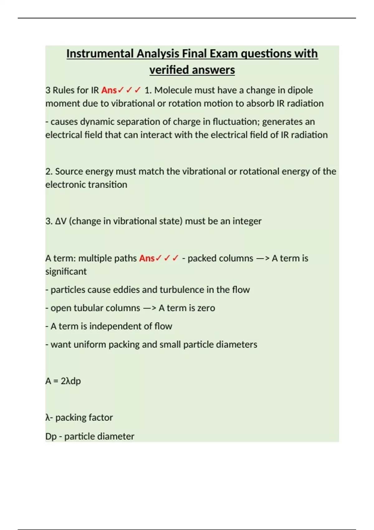 Instrumental Analysis – Final Exam Questions with Verified Answers ...