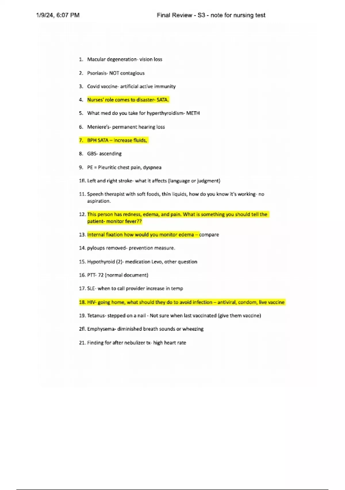 Final Review S3 note for nursing test - Questions & Complete Correct ...