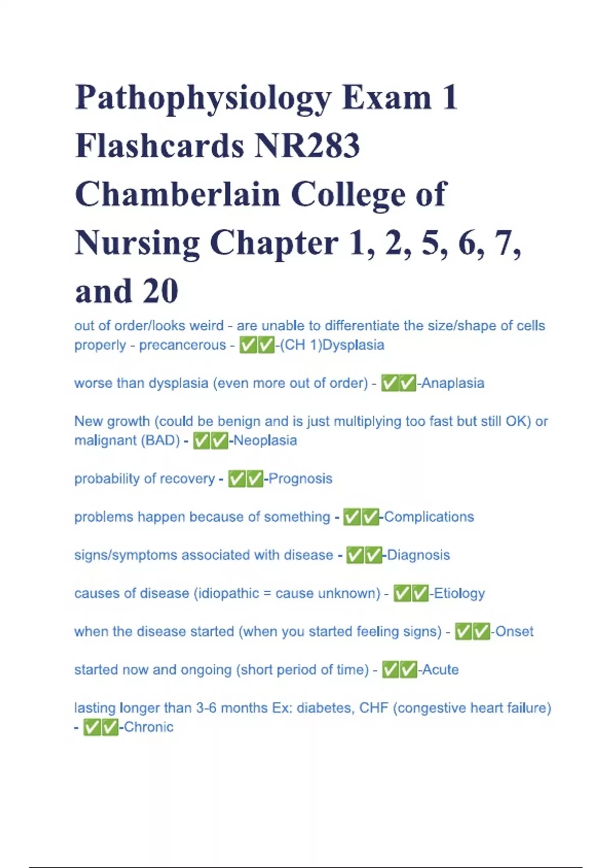 Pathophysiology Exam 1 Flashcards, NR283 Chamberlain College of Nursing ...