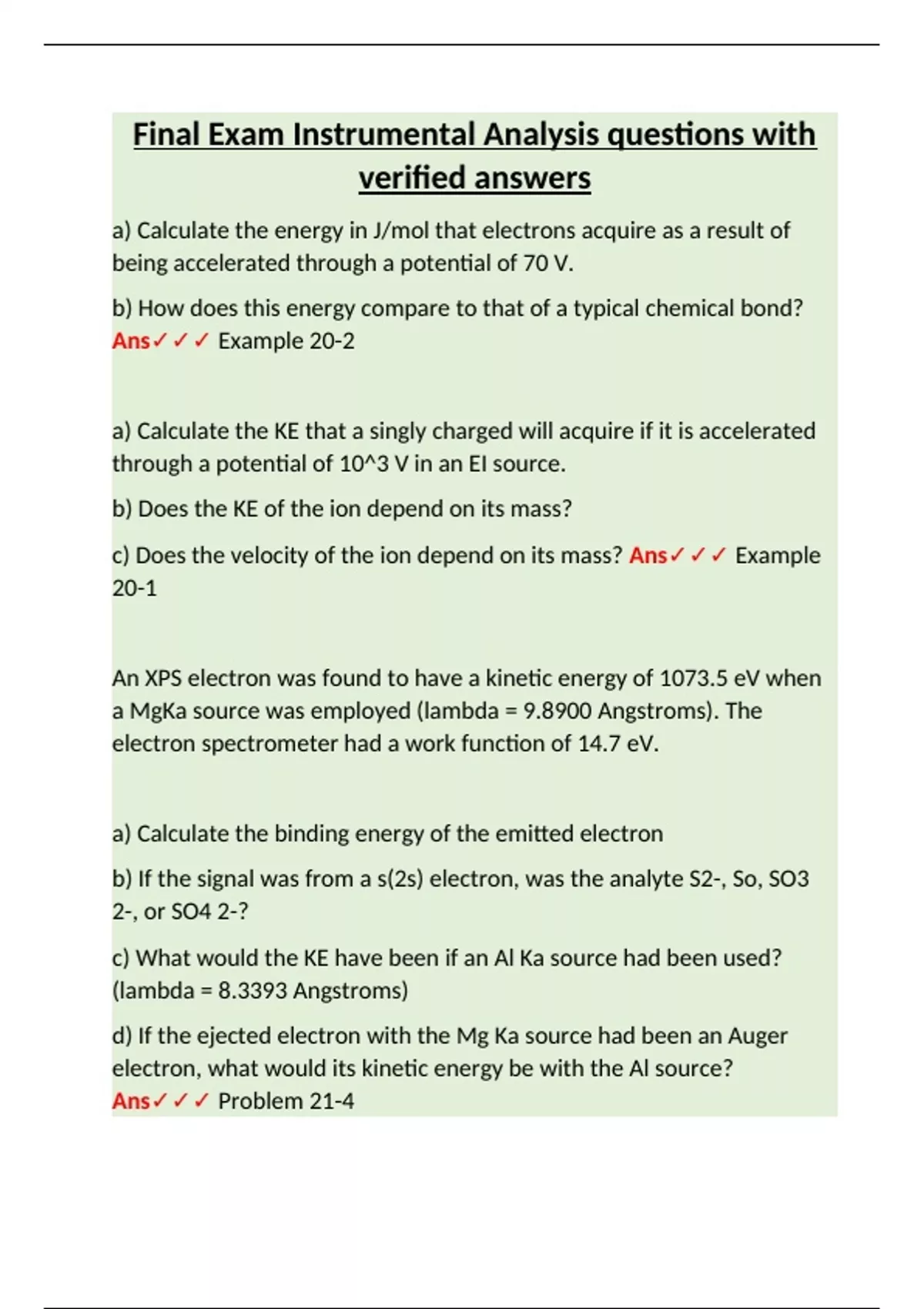 Instrumental Analysis – Final Exam Questions with Verified Answers ...