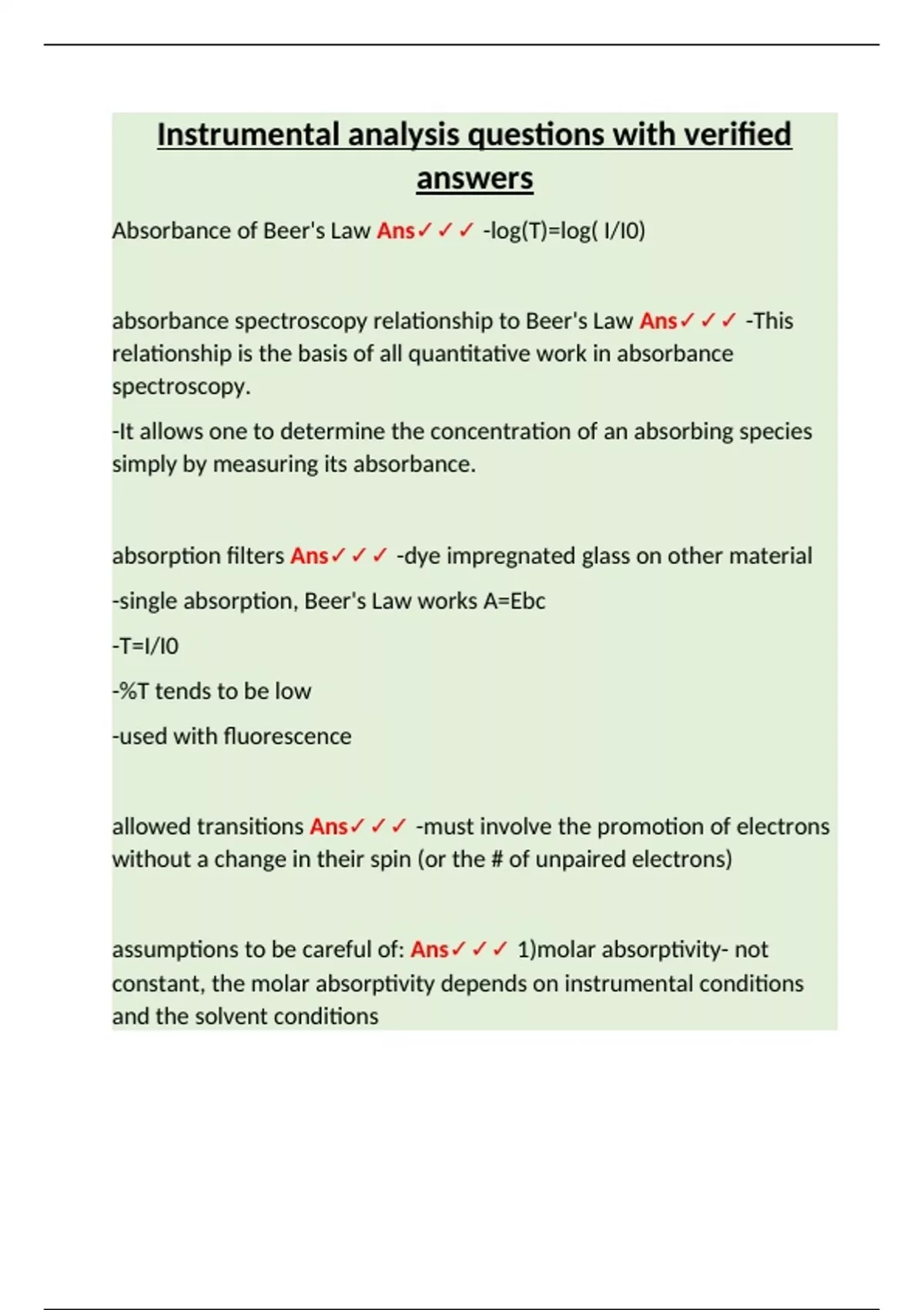 Instrumental Analysis – Verified Concept List with Answers – UV-Vis ...