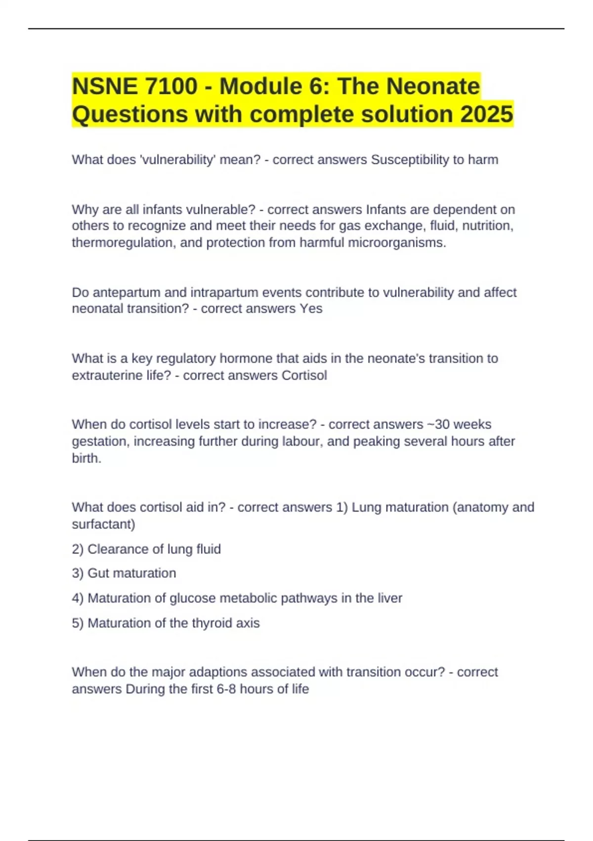 NSNE 7100 - Module 6: The Neonate Questions with complete solution 2025 ...