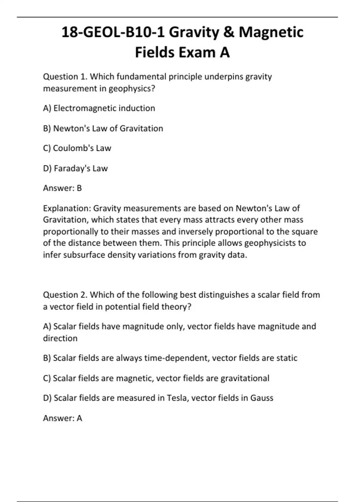 18-GEOL-B10-1 Gravity & Magnetic Fields Exam A - Computer - Stuvia US