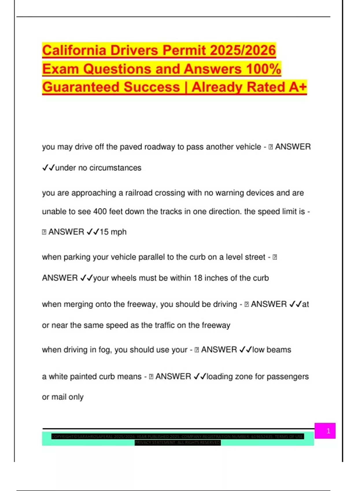 California Drivers Permit 2025/2026 Exam Questions and Answers 100% Guaranteed Success | Already ...