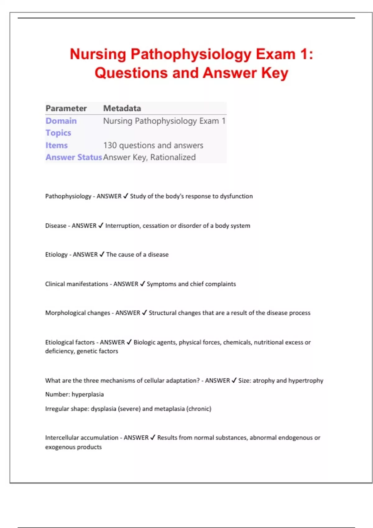 Nursing Pathophysiology Exam 1 Questions and Answer Key ...