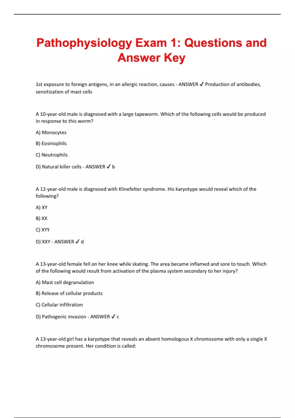 Pathophysiology Exam 1: Questions and Answer Key - Pathophysiology ...