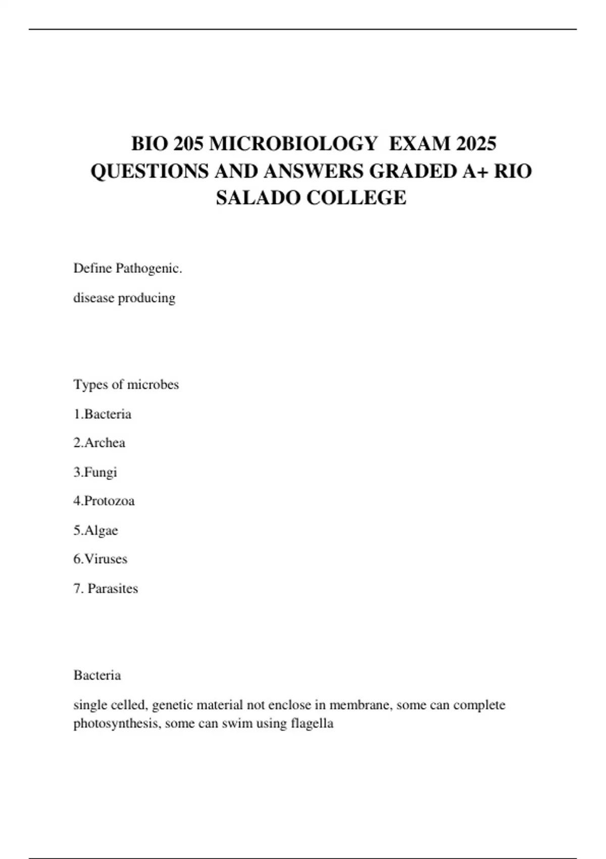 BIO 205 MICROBIOLOGY EXAM 2025 QUESTIONS AND ANSWERS GRADED A+ RIO ...