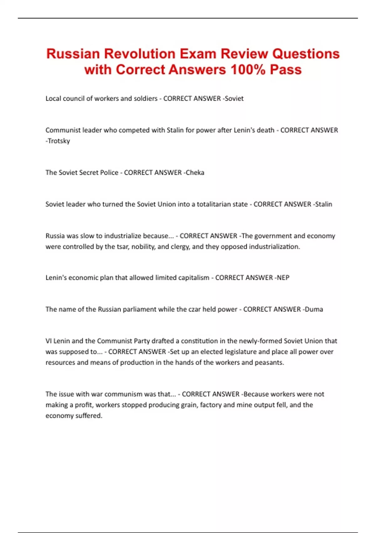 Russian Revolution Exam Review Questions with Correct Answers 100% Pass ...
