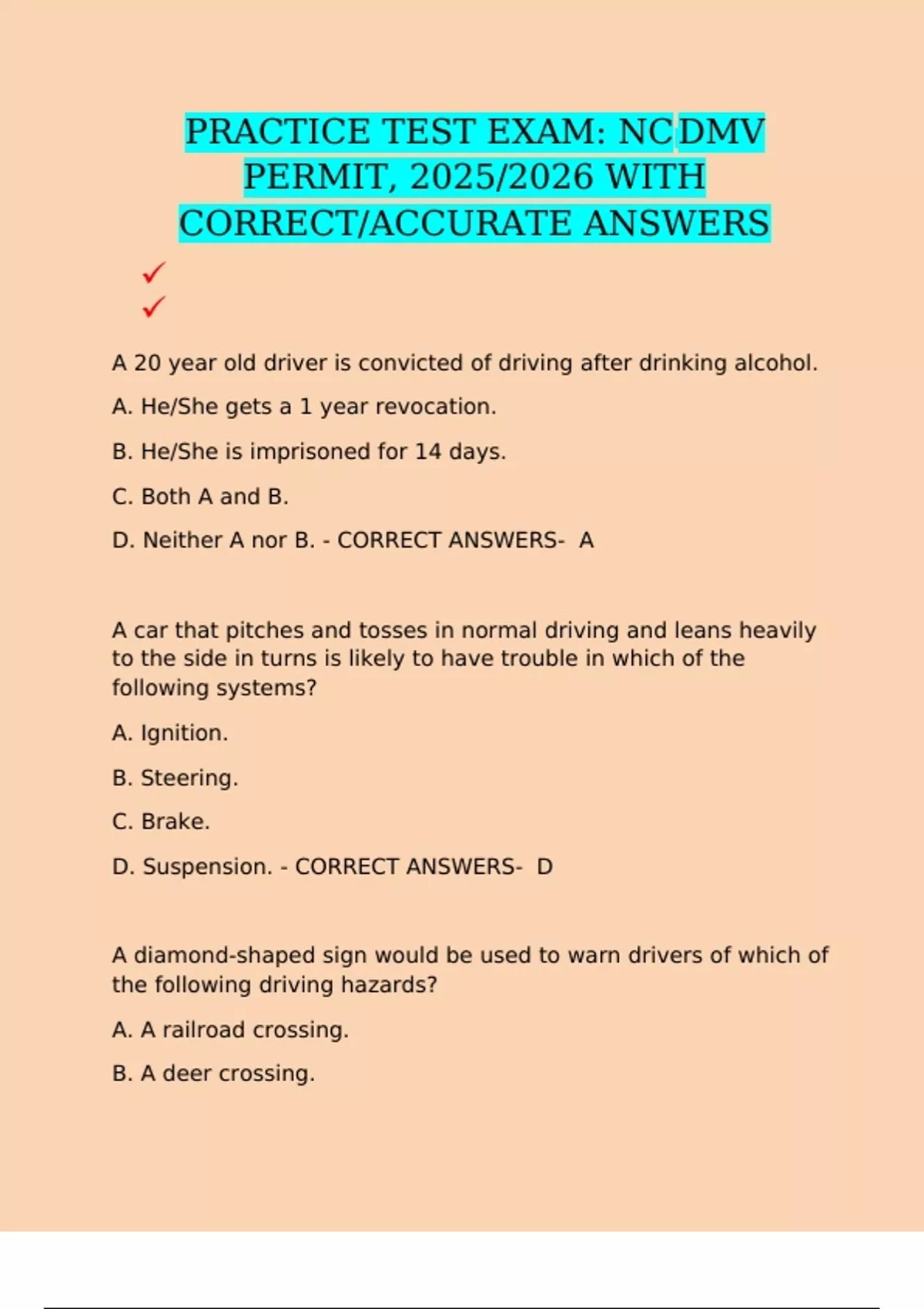 PRACTICE TEST EXAM: NC DMV PERMIT, 2025/2026 WITH CORRECT/ACCURATE ...