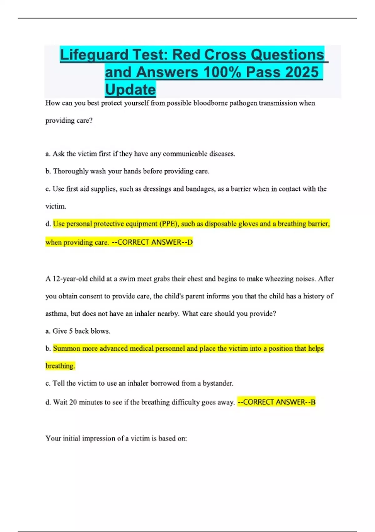 Lifeguard Test: Red Cross Questions and Answers 100% Pass 2025 Update ...