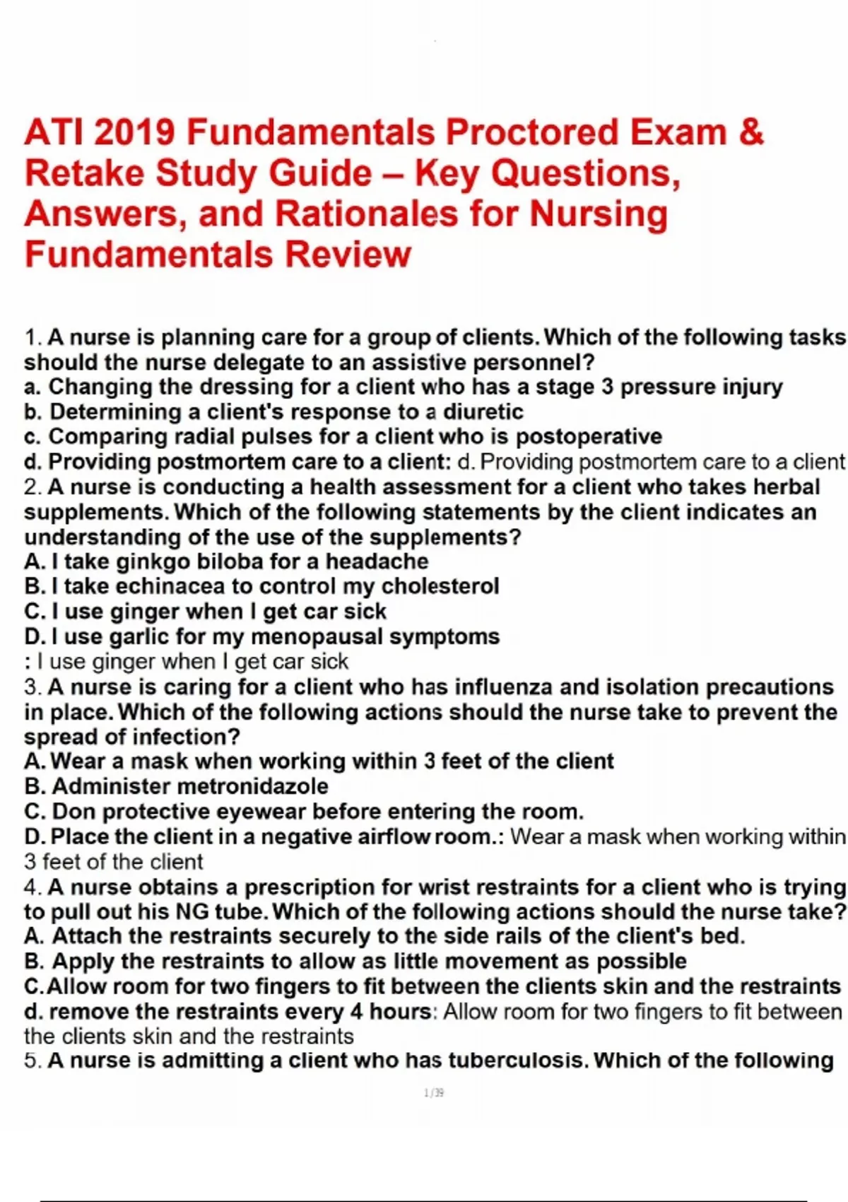 ATI 2019 Fundamentals Proctored Exam & Retake Study Guide – Key Questions, Answers, and ...