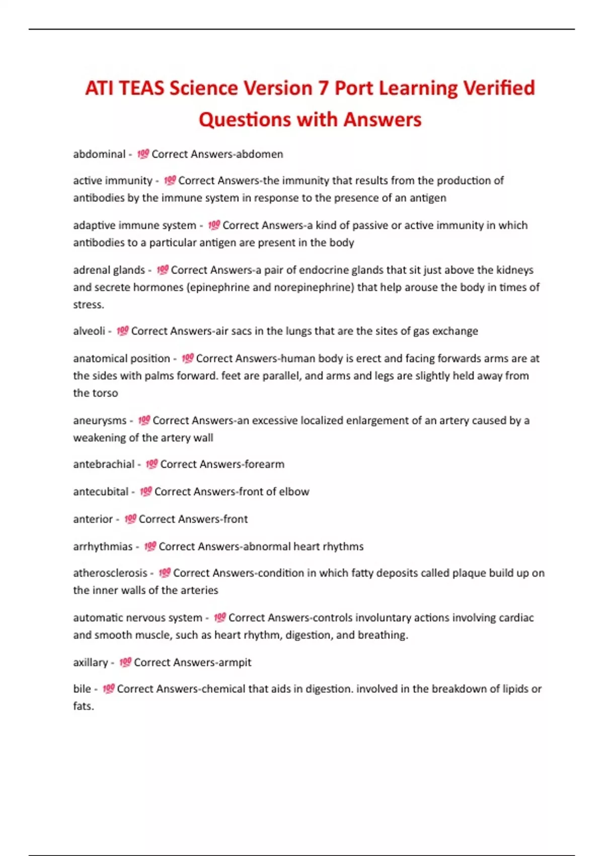 ATI TEAS Science Version 7 Port Learning Verified Questions with ...