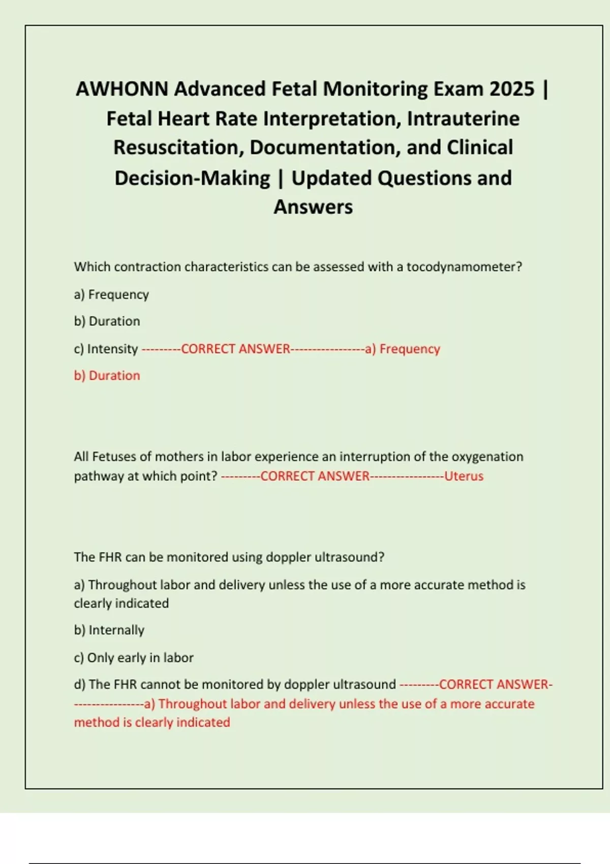 AWHONN Advanced Fetal Monitoring Exam 2025 | Fetal Heart Rate Interpretation, Intrauterine ...