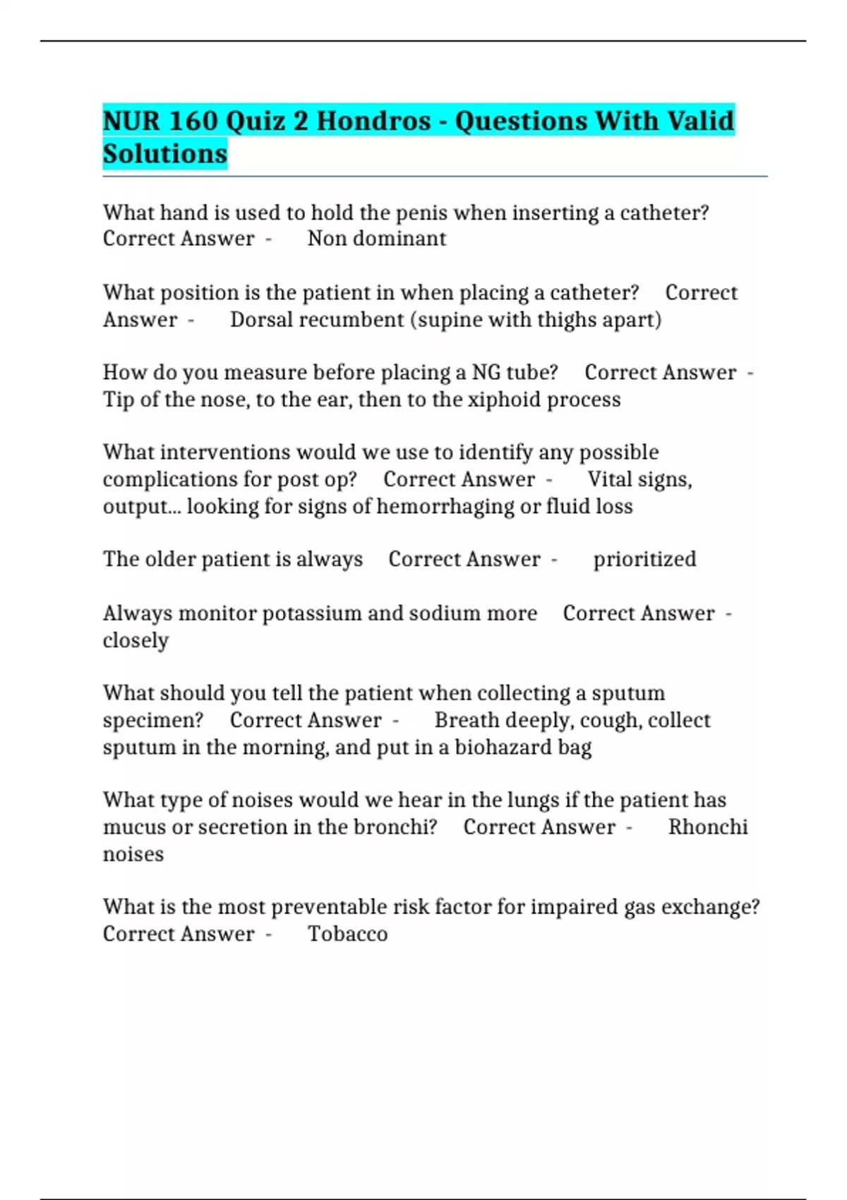NUR 160 Quiz 2 Hondros - Questions With Valid Solutions - NUR 160 ...