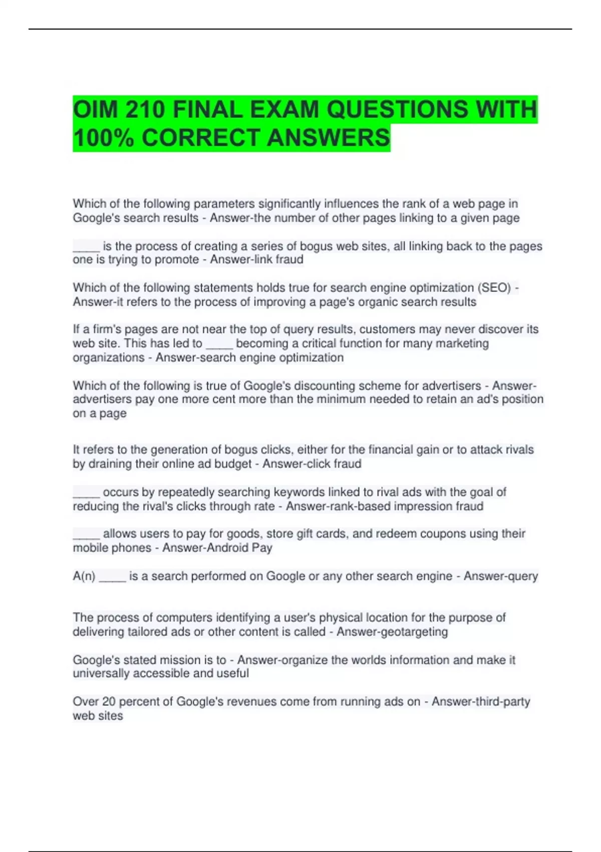 OIM 210 FINAL EXAM QUESTIONS WITH 100% CORRECT ANSWERS - OIM 210 ...