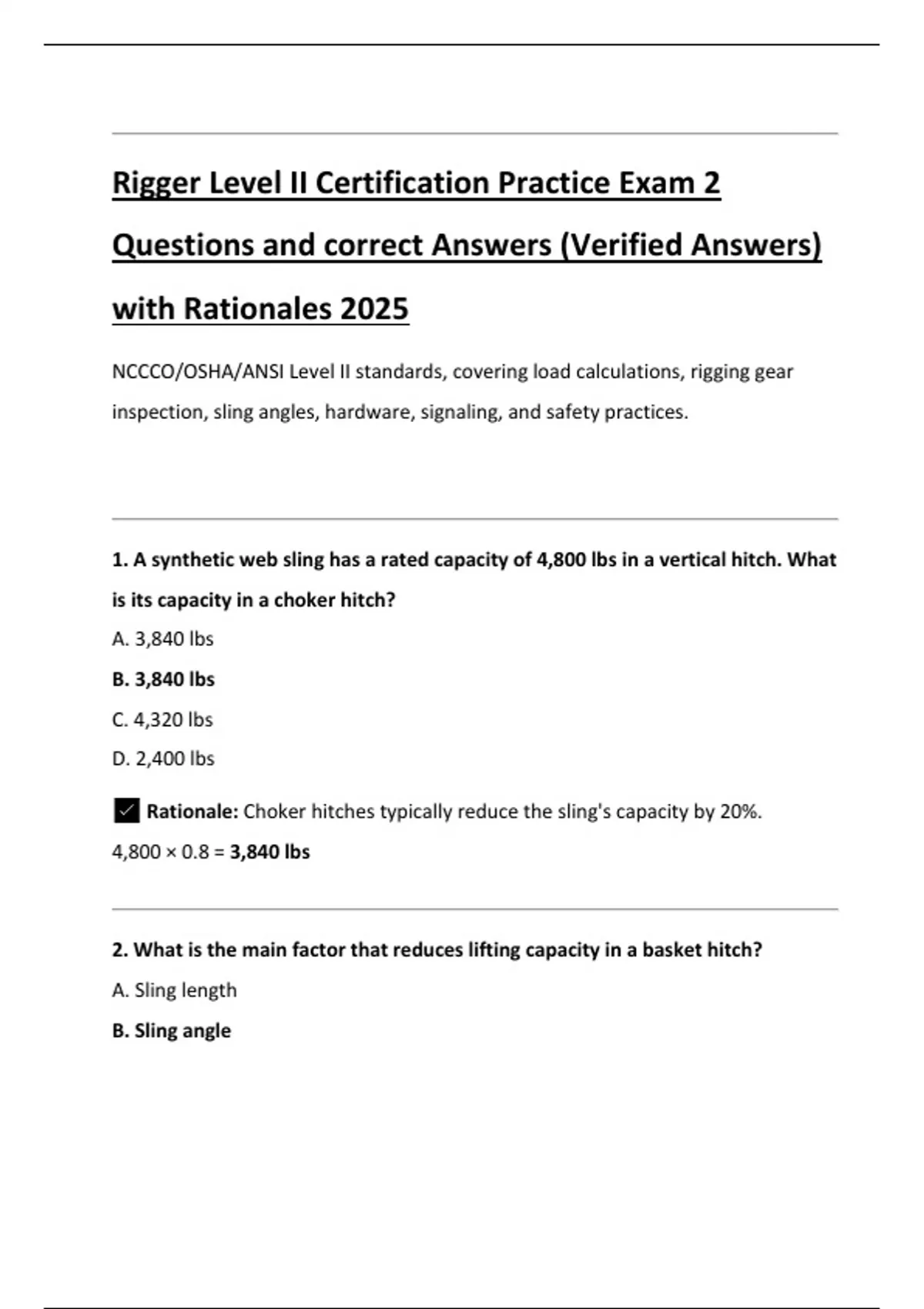 Rigger Level II Certification Practice Exam 2 Questions and correct ...
