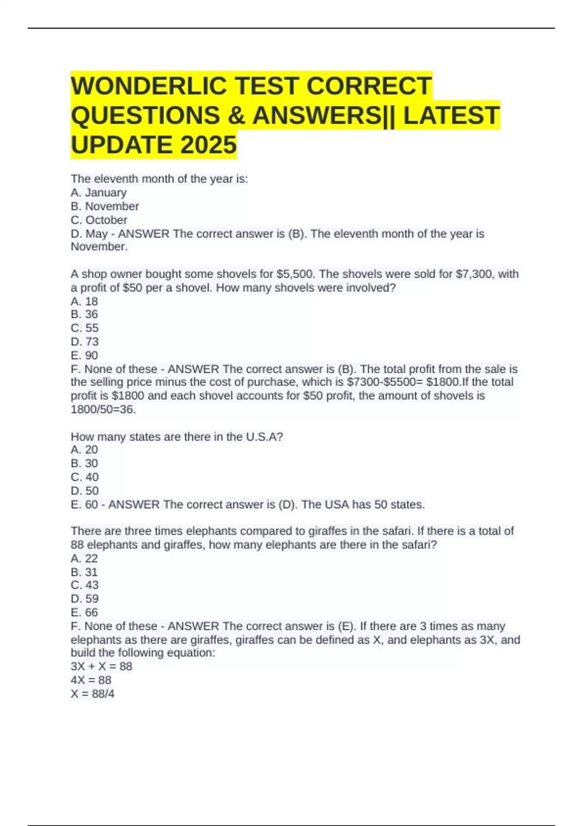 WONDERLIC TEST CORRECT QUESTIONS & ANSWERS|| LATEST UPDATE 2025 ...