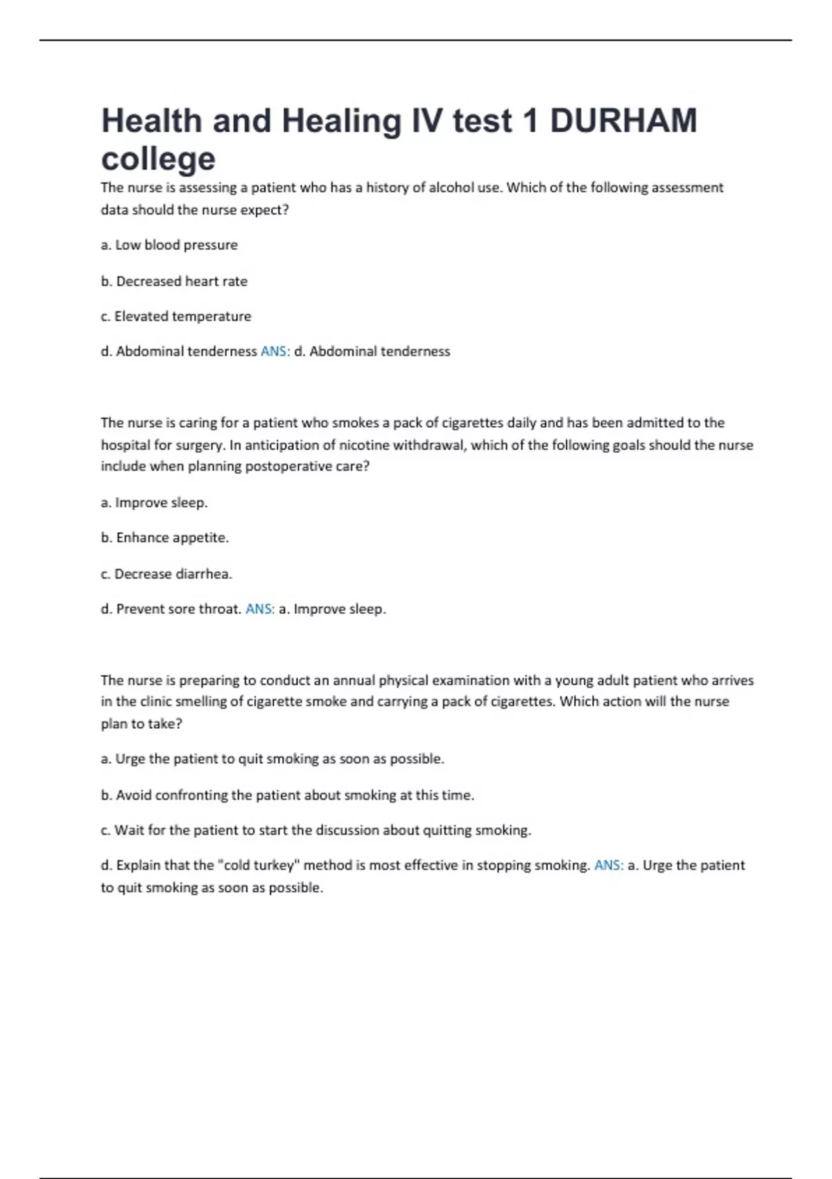 Health and Healing IV test 1 DURHAM College. 103 Questions And Answers ...