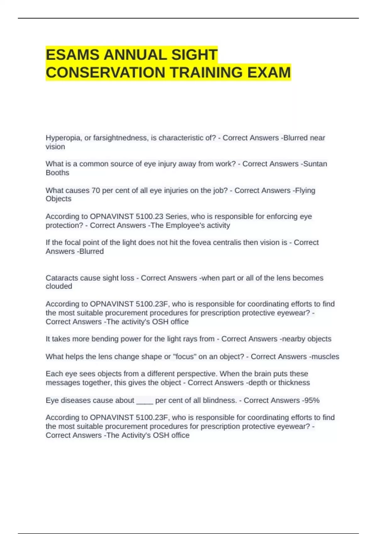 ESAMS ANNUAL SIGHT CONSERVATION TRAINING EXAM QUESTIONS WITH CORRECT ANSWERS - Esams - Stuvia US