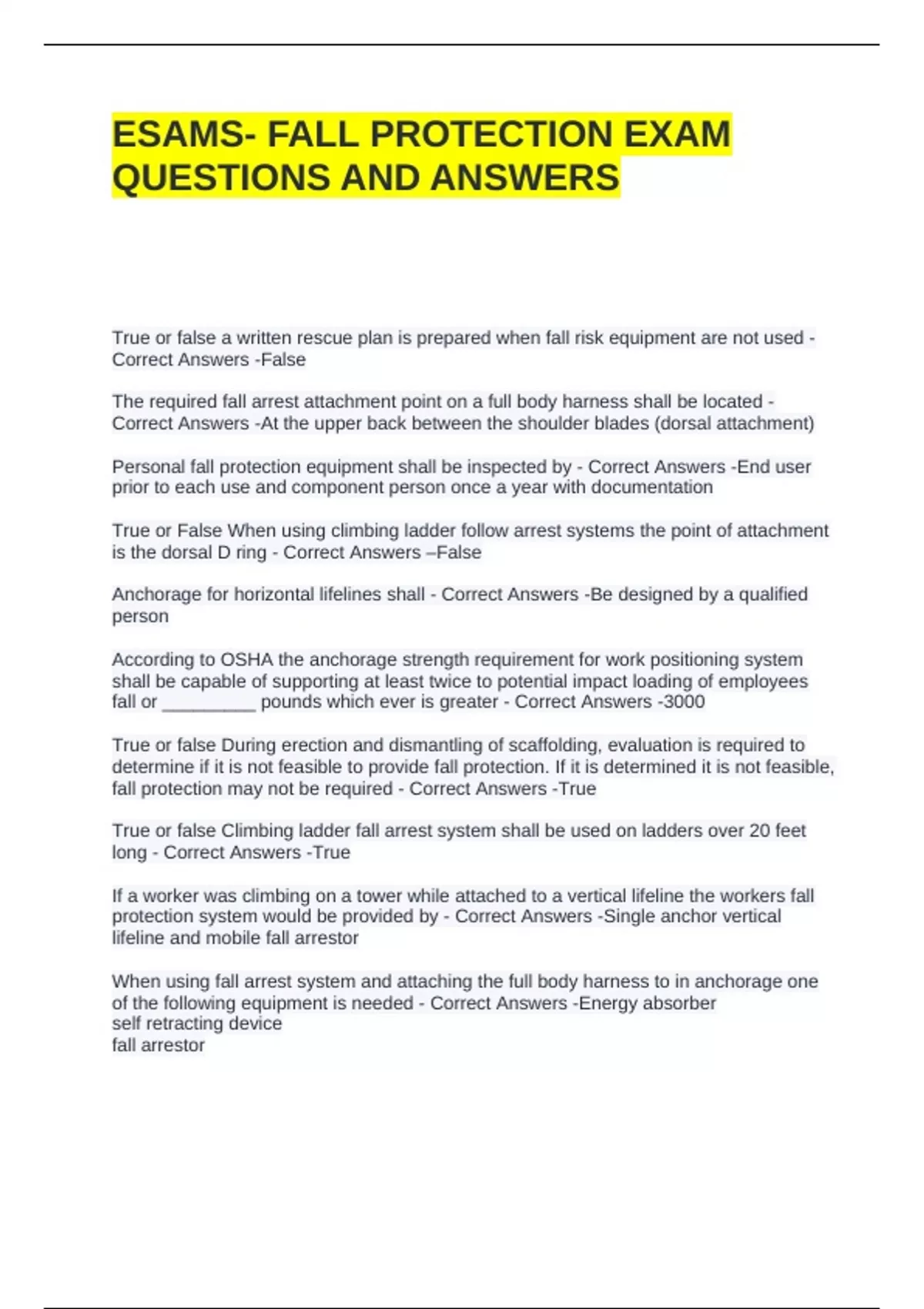 ESAMS- FALL PROTECTION EXAM QUESTIONS AND ANSWERS - Esams - Stuvia US