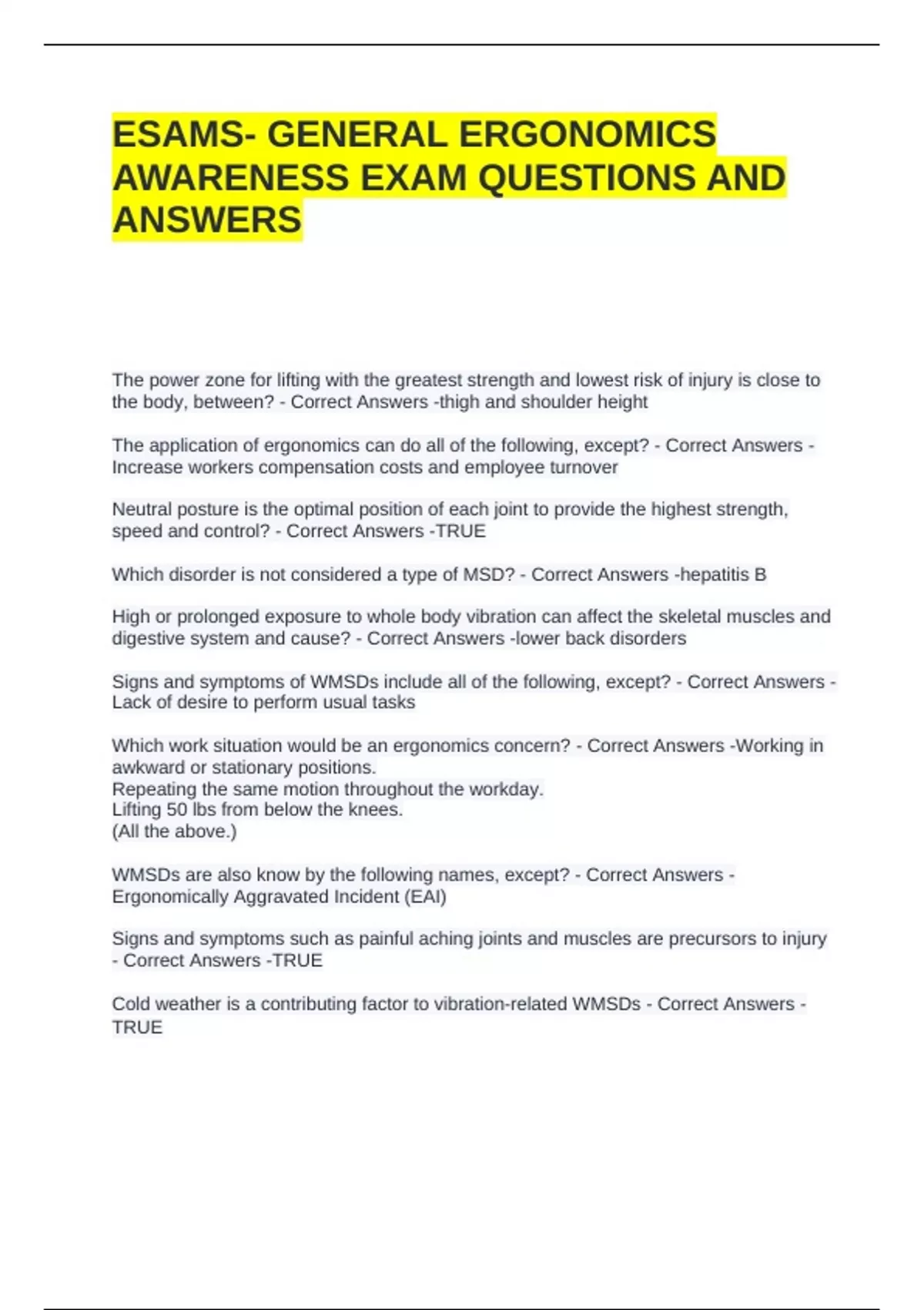 ESAMS- GENERAL ERGONOMICS AWARENESS EXAM QUESTIONS AND ANSWERS - Esams ...