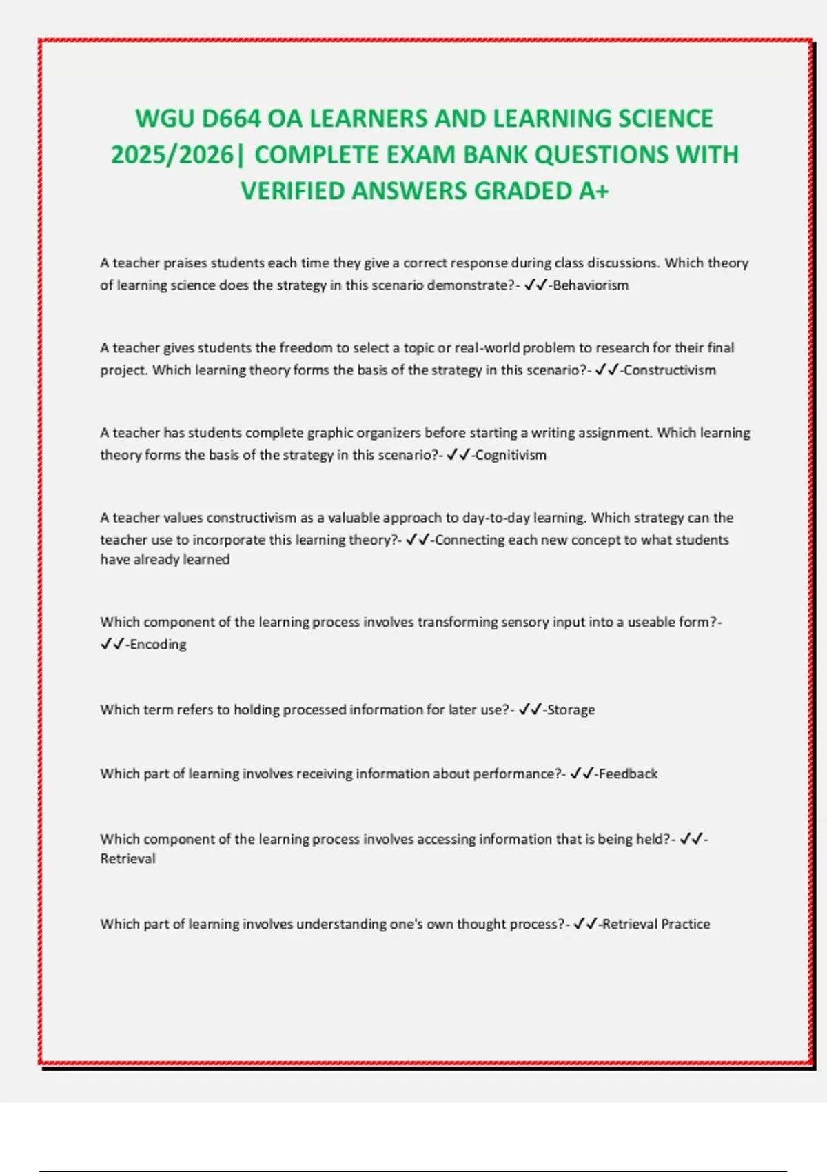 WGU D664 OA LEARNERS AND LEARNING SCIENCE 2025/2026| COMPLETE EXAM BANK QUESTIONS WITH 300 ...