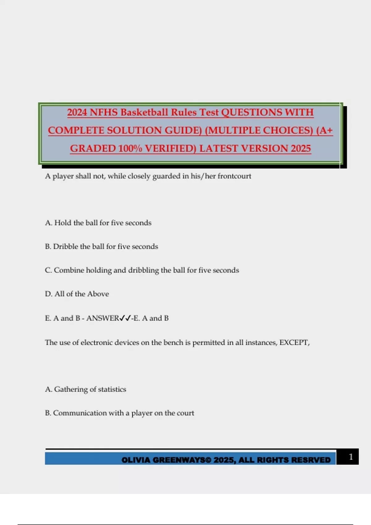 2024 NFHS Basketball Rules Test QUESTIONS WITH COMPLETE SOLUTION GUIDE ...