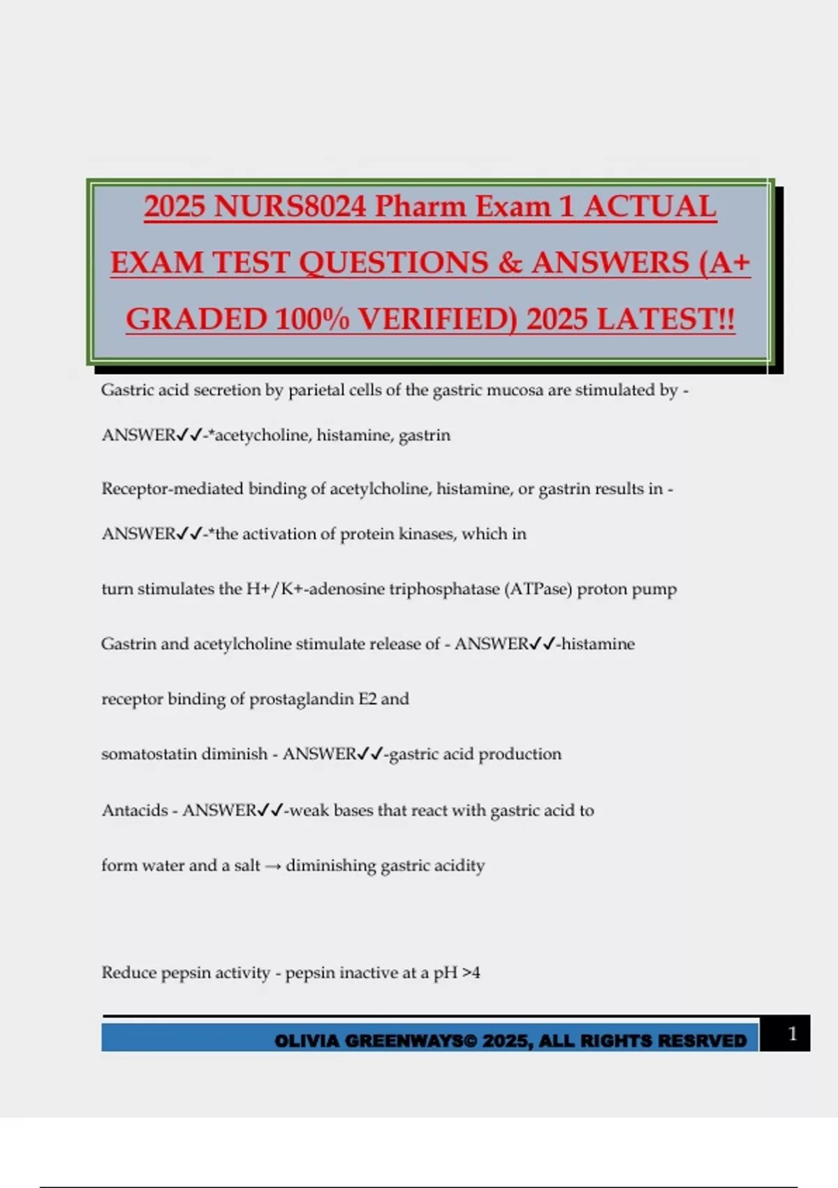 2025 NURS8024 Pharm Exam 1 ACTUAL EXAM TEST QUESTIONS & ANSWERS (A+ ...