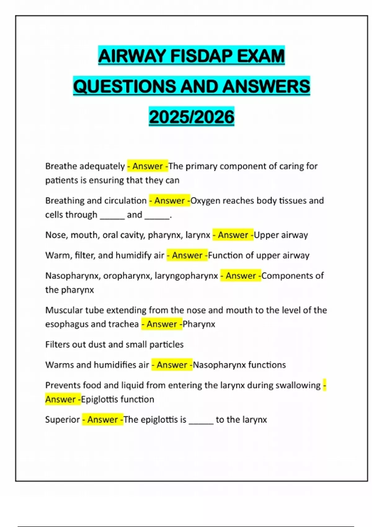 AIRWAY FISDAP EXAM QUESTIONS AND ANSWERS 2025/2026 - Fisdap Med - Stuvia US
