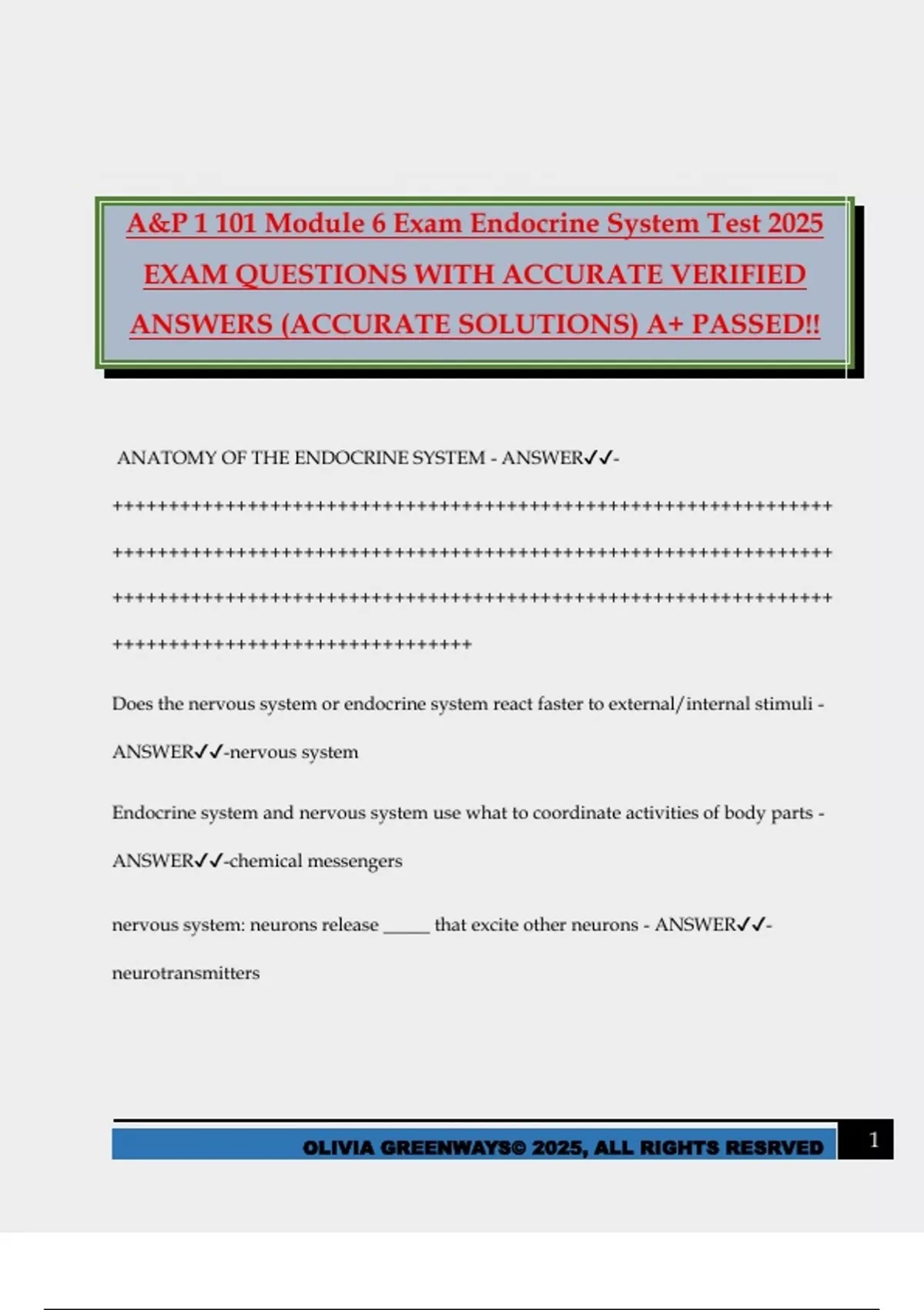 A&P 1 101 Module 6 Exam Endocrine System Test 2025 EXAM QUESTIONS WITH ...