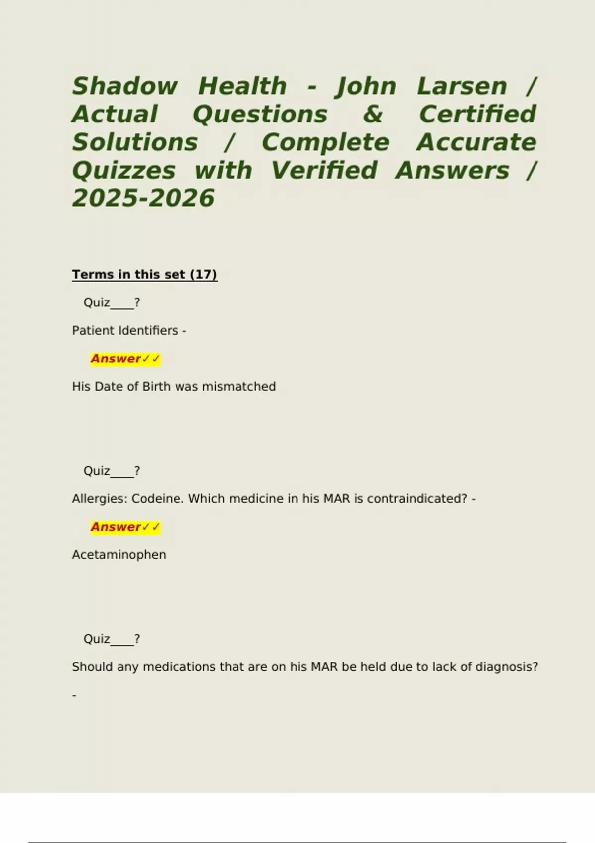 Shadow Health - John Larsen / Actual Questions & Certified Solutions / Complete Accurate Quizzes ...