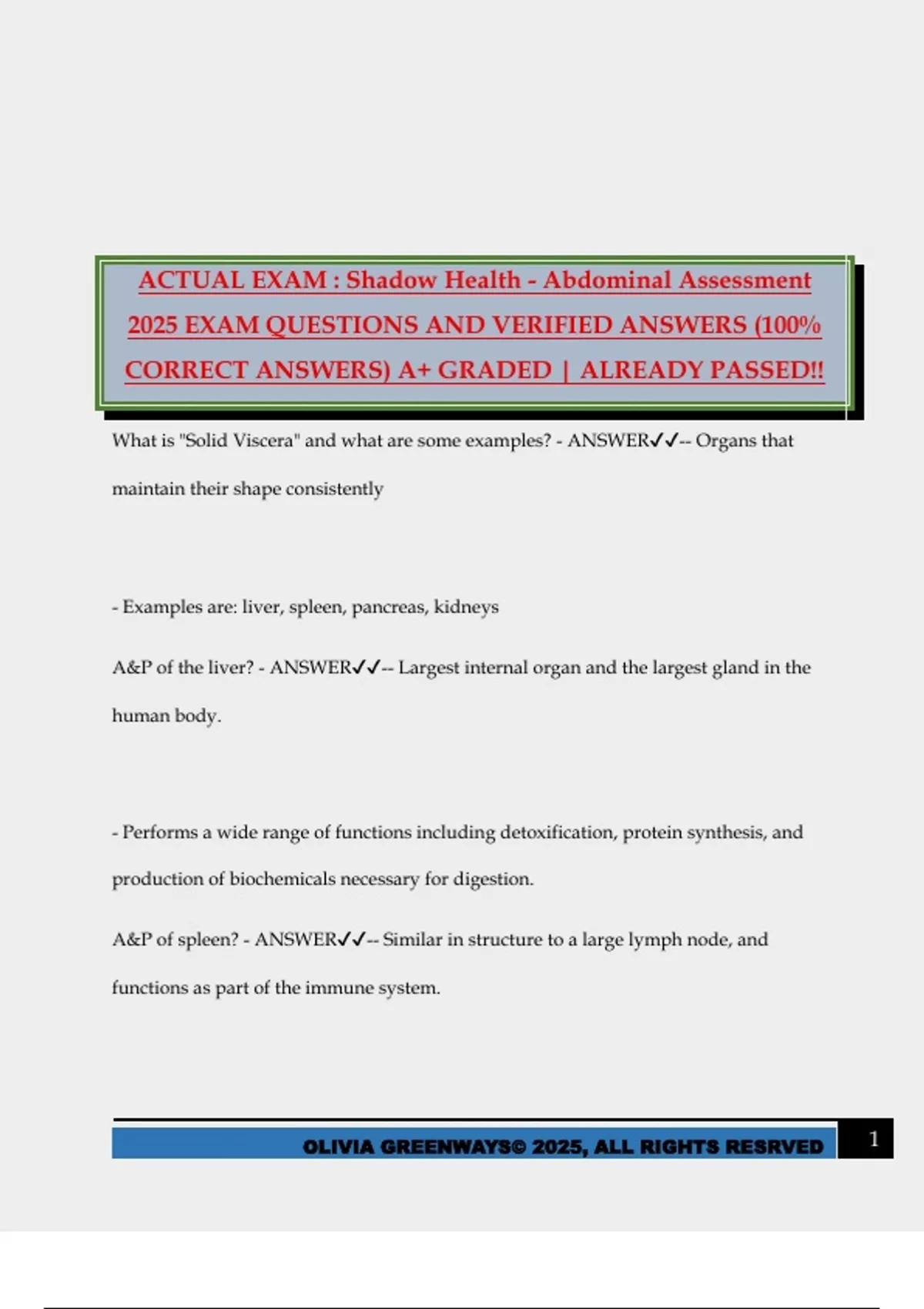 ACTUAL EXAM : Shadow Health - Abdominal Assessment 2025 EXAM QUESTIONS ...