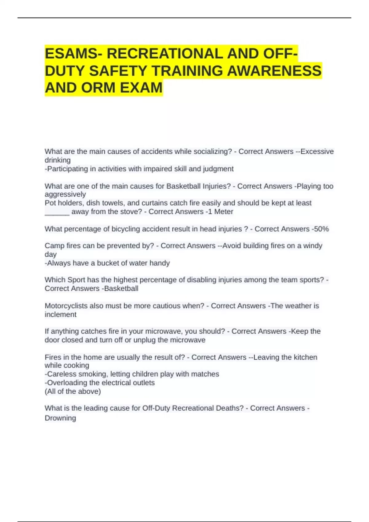 ESAMS- RECREATIONAL AND OFF-DUTY SAFETY TRAINING AWARENESS AND ORM EXAM ...