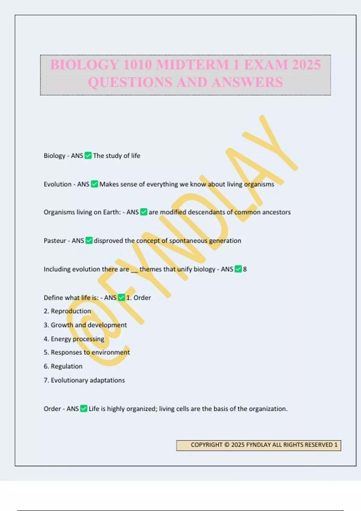 BIOLOGY 1010 MIDTERM 1 EXAM 2025 QUESTIONS AND ANSWERS - BIOL 1010 ...