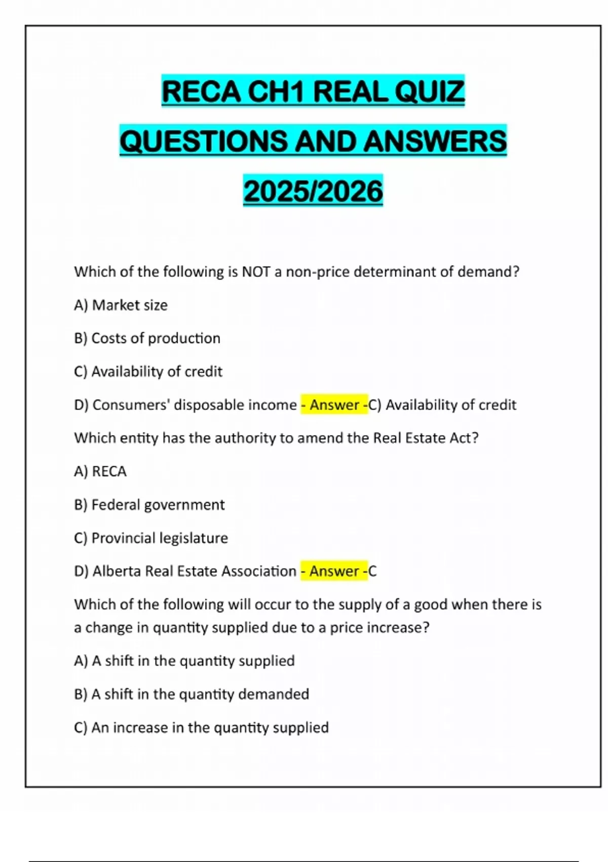 RECA CH1 REAL QUIZ QUESTIONS AND ANSWERS 2025/2026 - RECA - Stuvia US